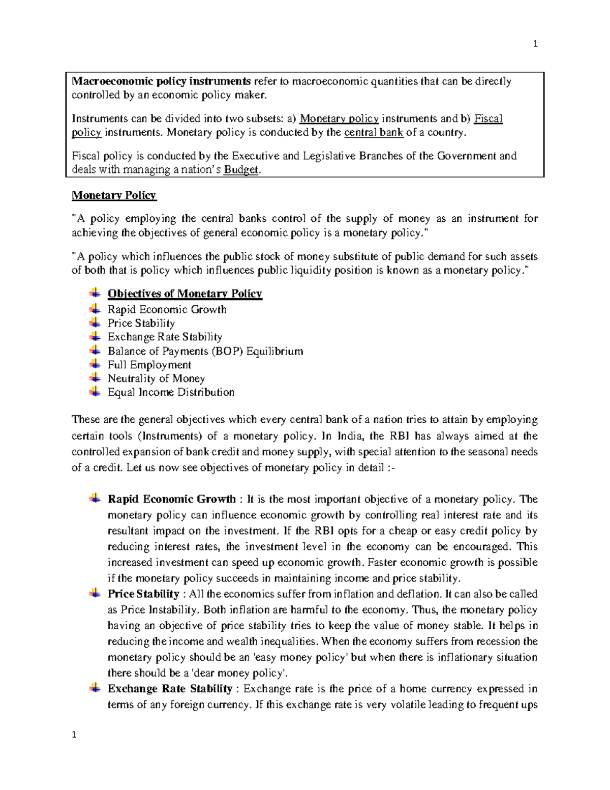 Monetary Policy - Notes - Macroeconomic policy instruments refer to ...