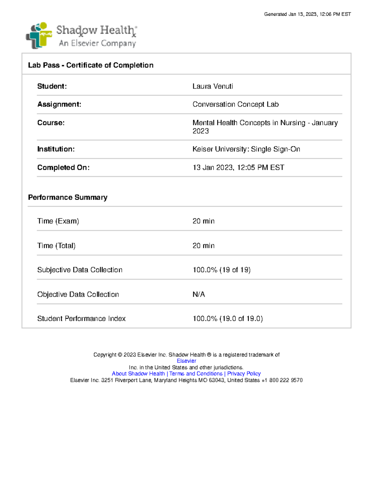 Shadow health week 1 - Generated Jan 13, 2023, 12:06 PM EST Lab Pass ...