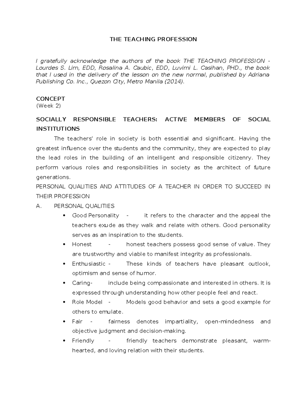 Notes 2 THE Teaching Professionlim - THE TEACHING PROFESSION I ...