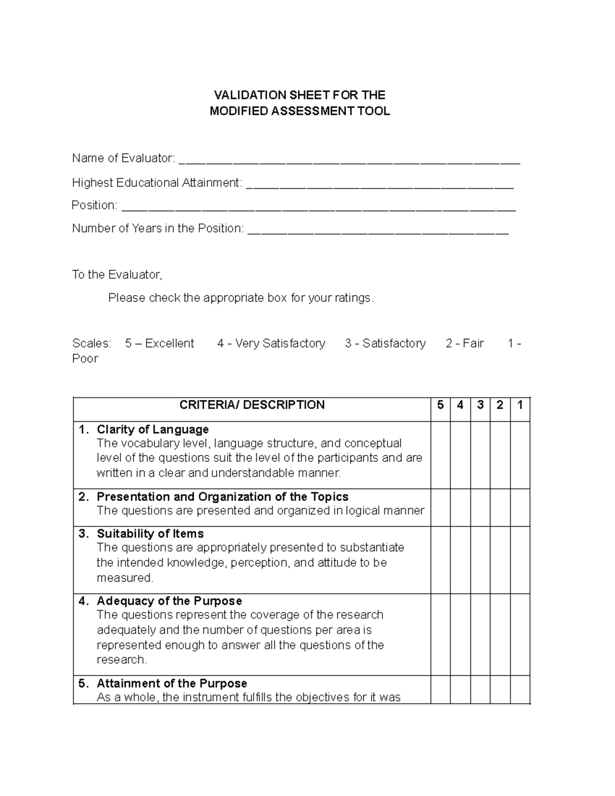 Validation- Sheet - VALIDATION SHEET FOR THE MODIFIED ASSESSMENT TOOL Name of Evaluator: - Studocu