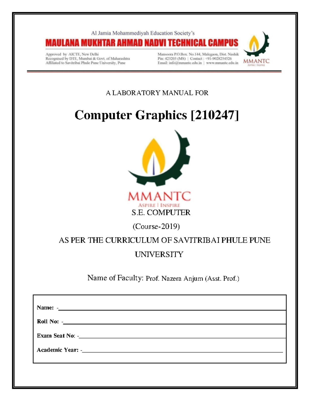 CG Manual 2k23 - A LABORATORY MANUAL FOR Computer Graphics [210247] S ...