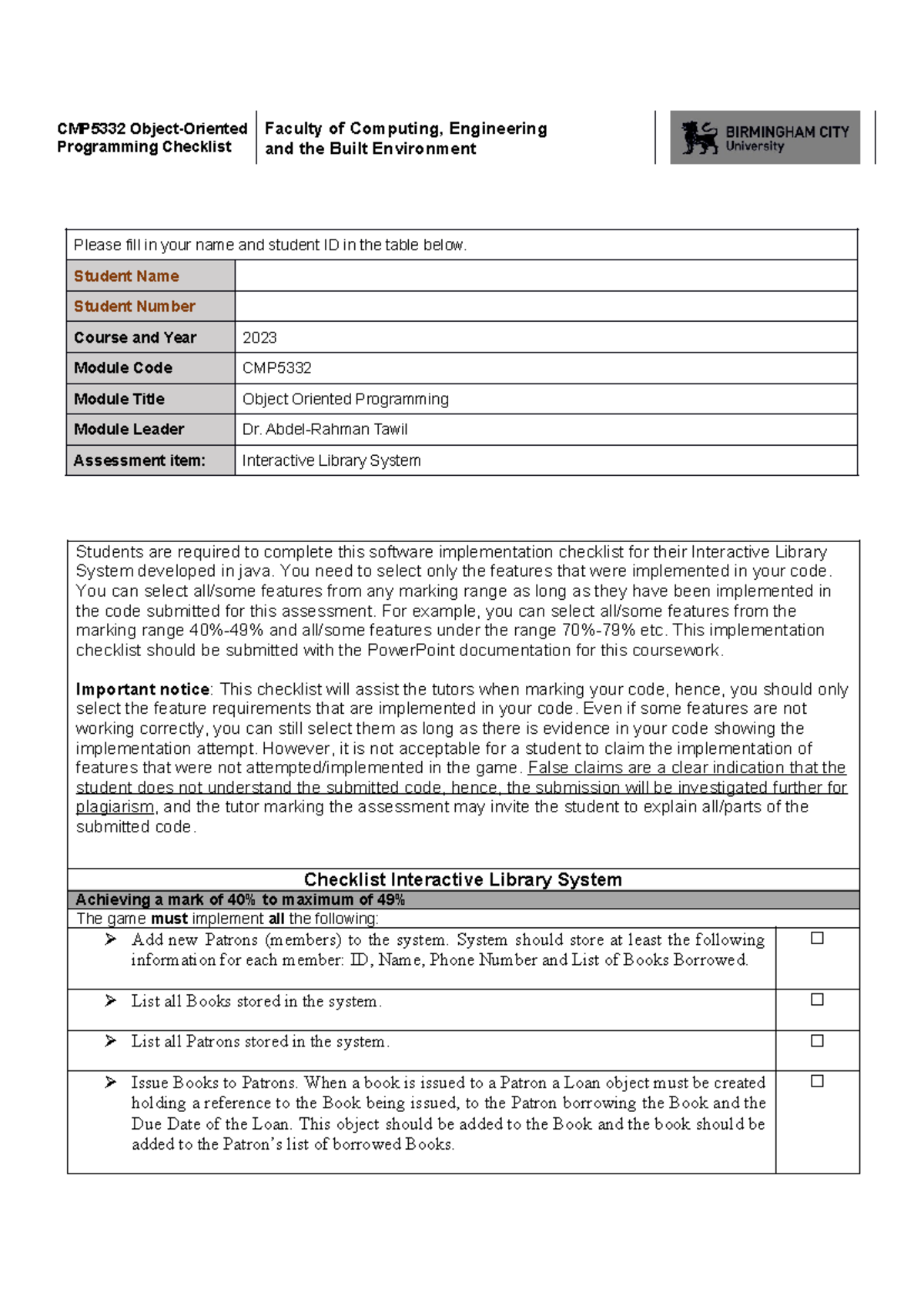 CMP5332 OOP Checklist - Interactive Library System development in Java ...