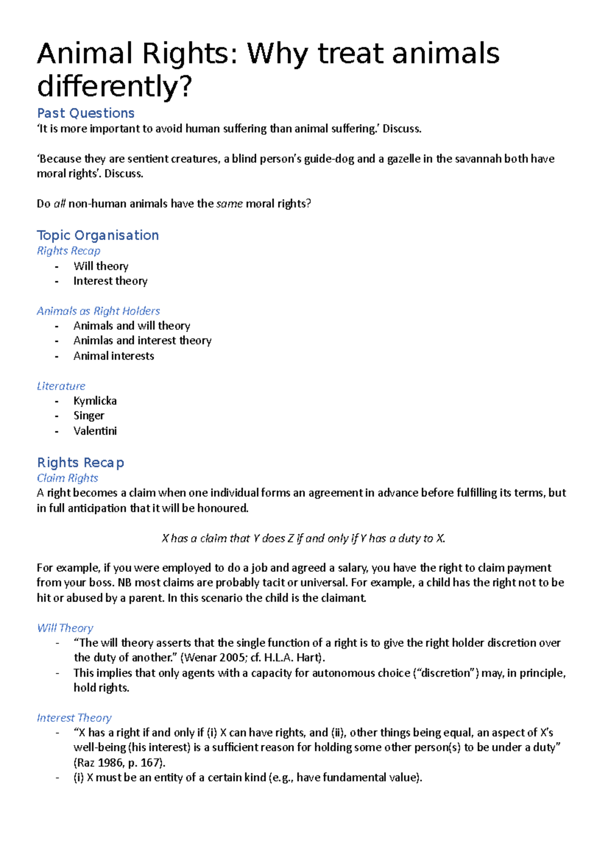 Animal Rights - Summary incorporates lecture notes, class notes and ...