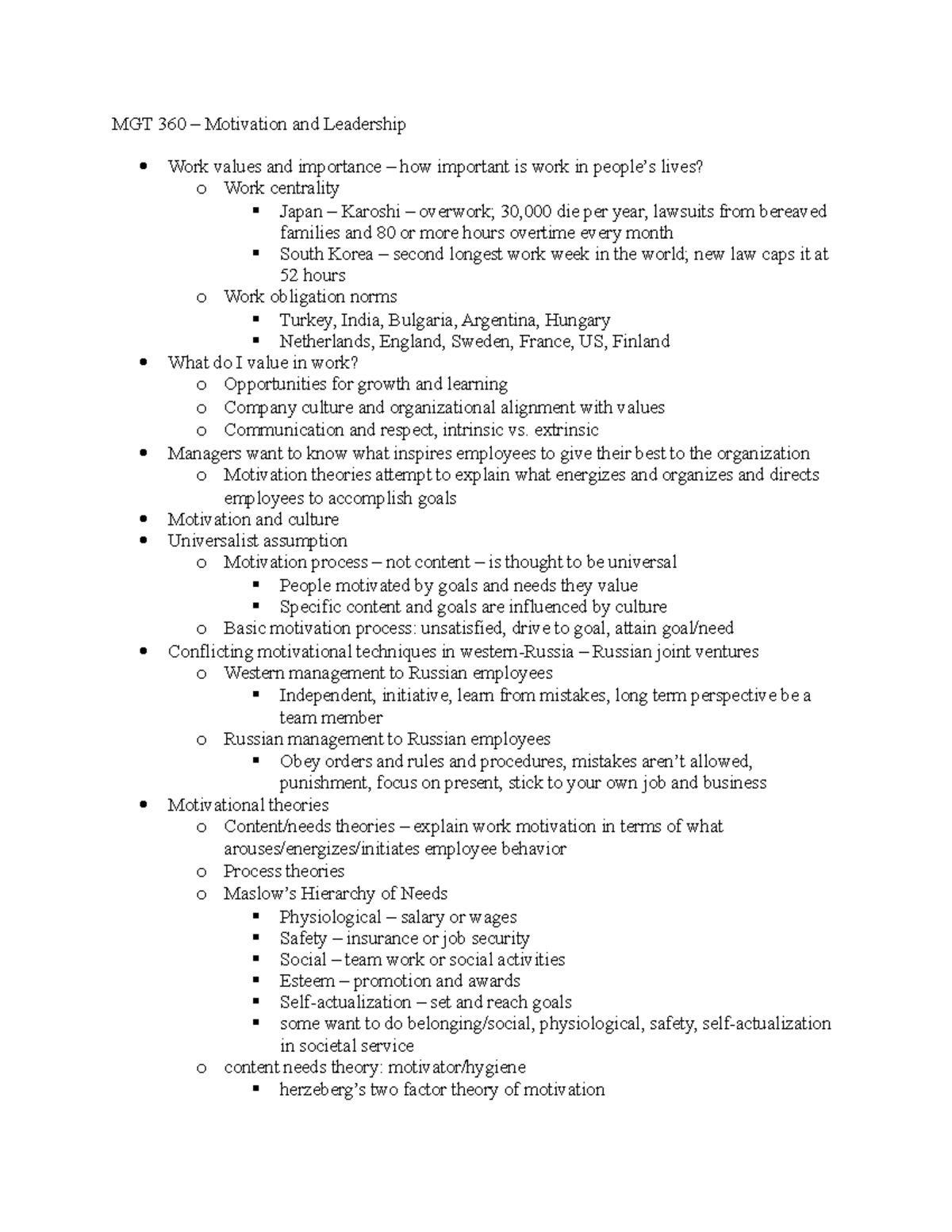 MGT 360 motivation and leadership - MGT 360 – Motivation and Leadership ...