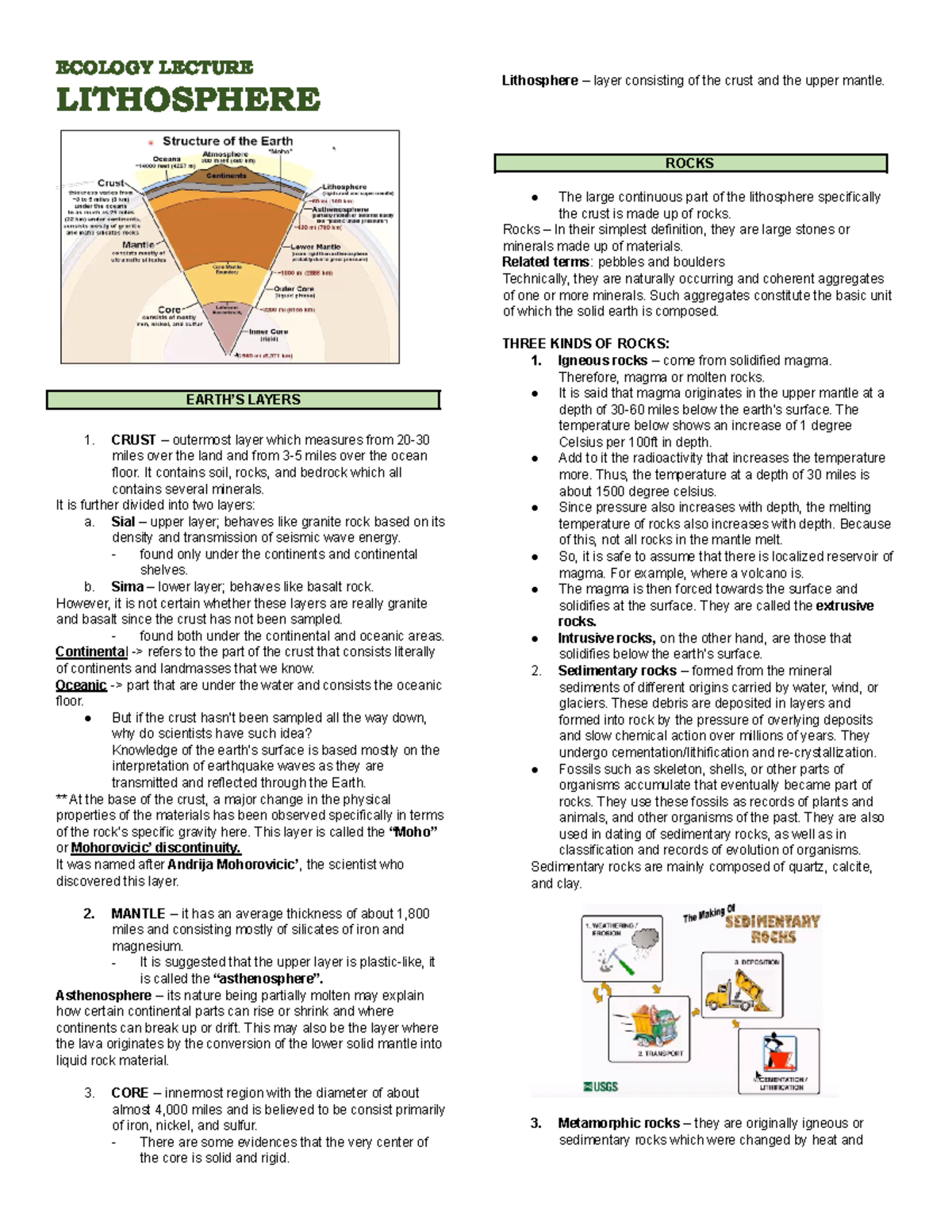 LEC-6- Lithosphere - ECOLOGY LECTURE LITHOSPHERE EARTH’S LAYERS CRUST ...