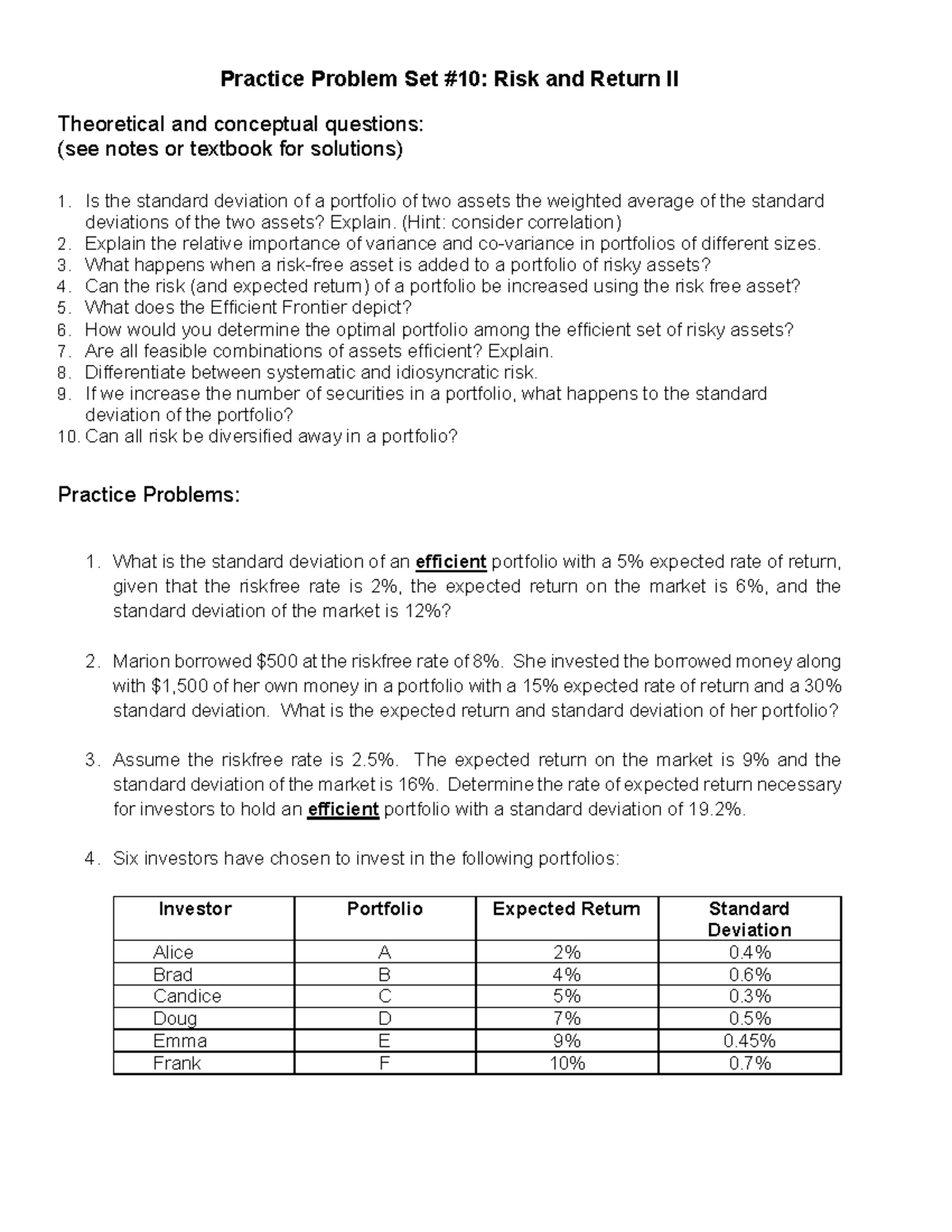 Risk and return II - practice - Warning: TT: undefined function: 32 Practice Problem Set #1 0 ...