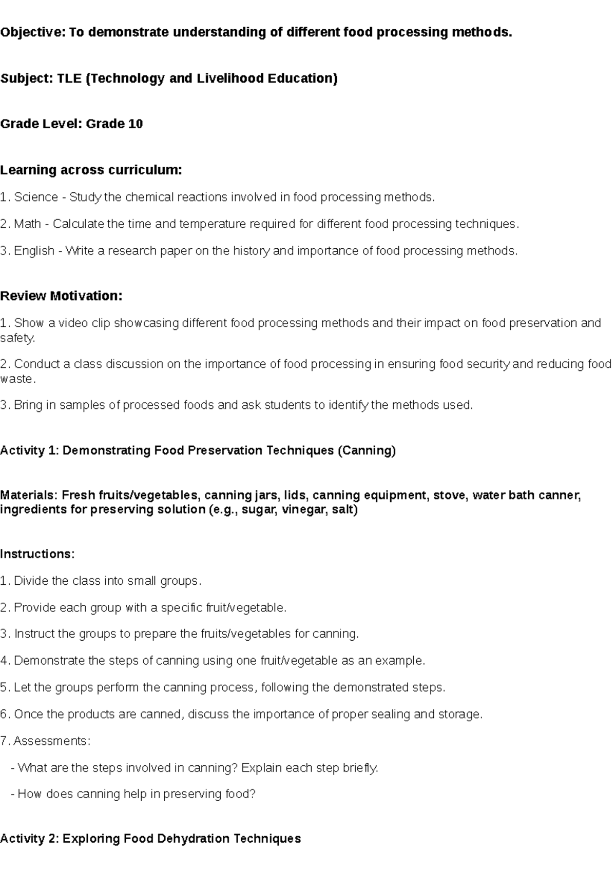 Lesson plan (12) - food processing - Objective: To demonstrate ...