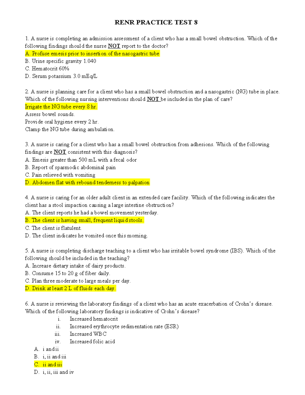 RENR Practice TEST 8 Final 3 - RENR PRACTICE TEST 8 A nurse is ...