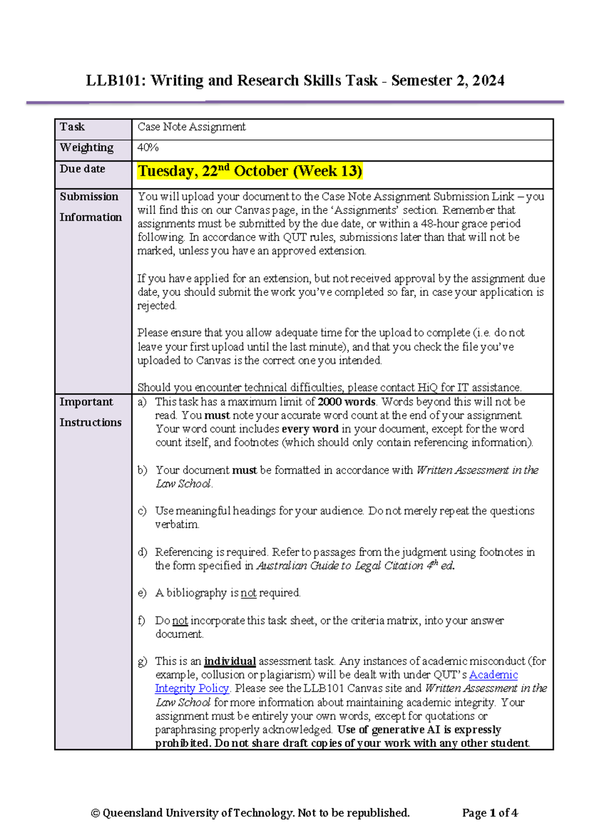 Task Sheet 3 Case Note Assignment 2024 2 - LLB101: Writing and Research Skills Task - Semester 2 ...