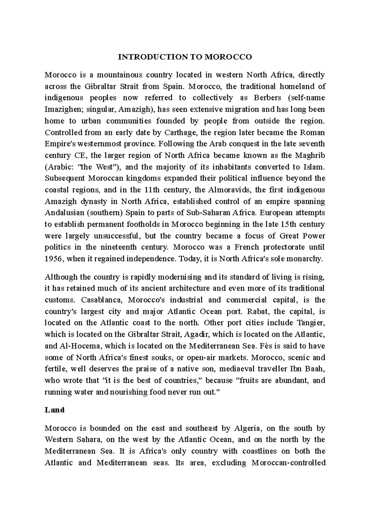 Introduction TO Morocco - INTRODUCTION TO MOROCCO Morocco is a ...
