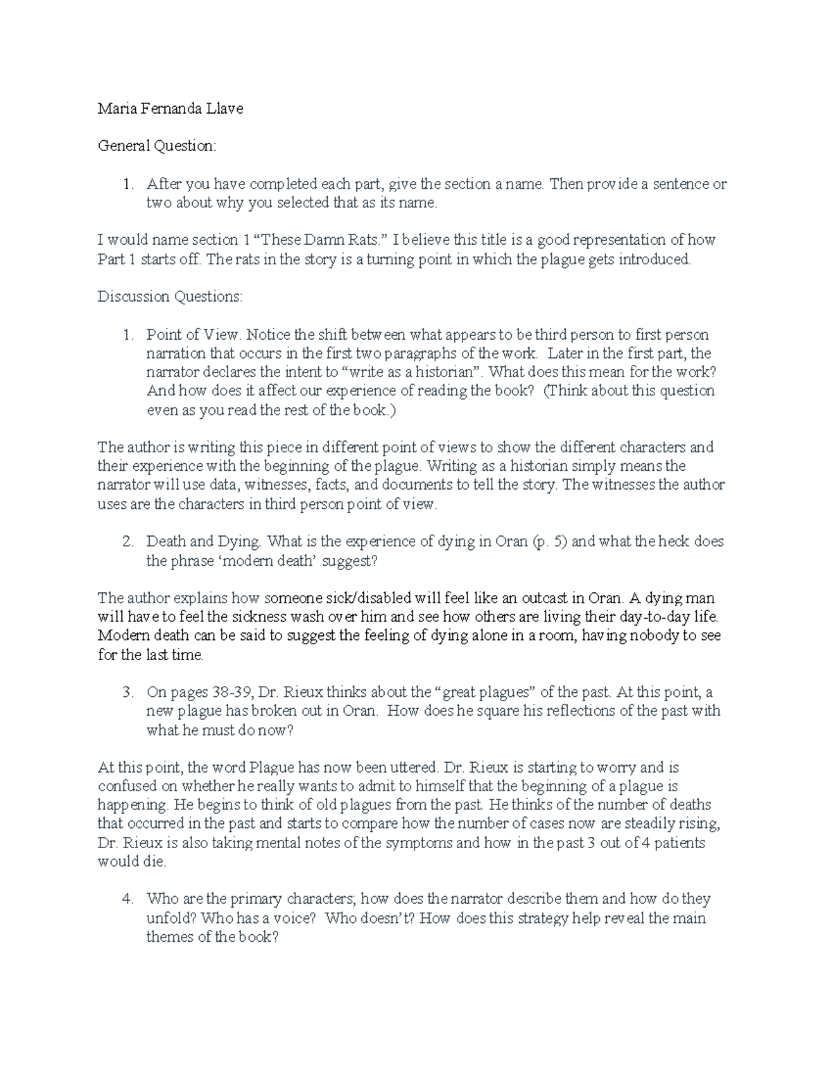 Literature Reading Questions for The Plague - Maria Fernanda Llave ...