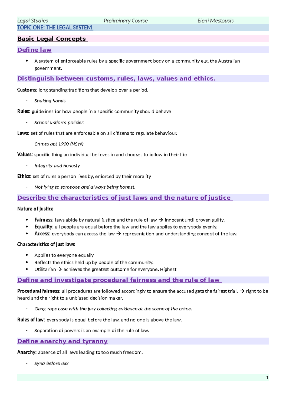 Summarised Legal Notes - TOPIC ONE: THE LEGAL SYSTEM Basic Legal ...
