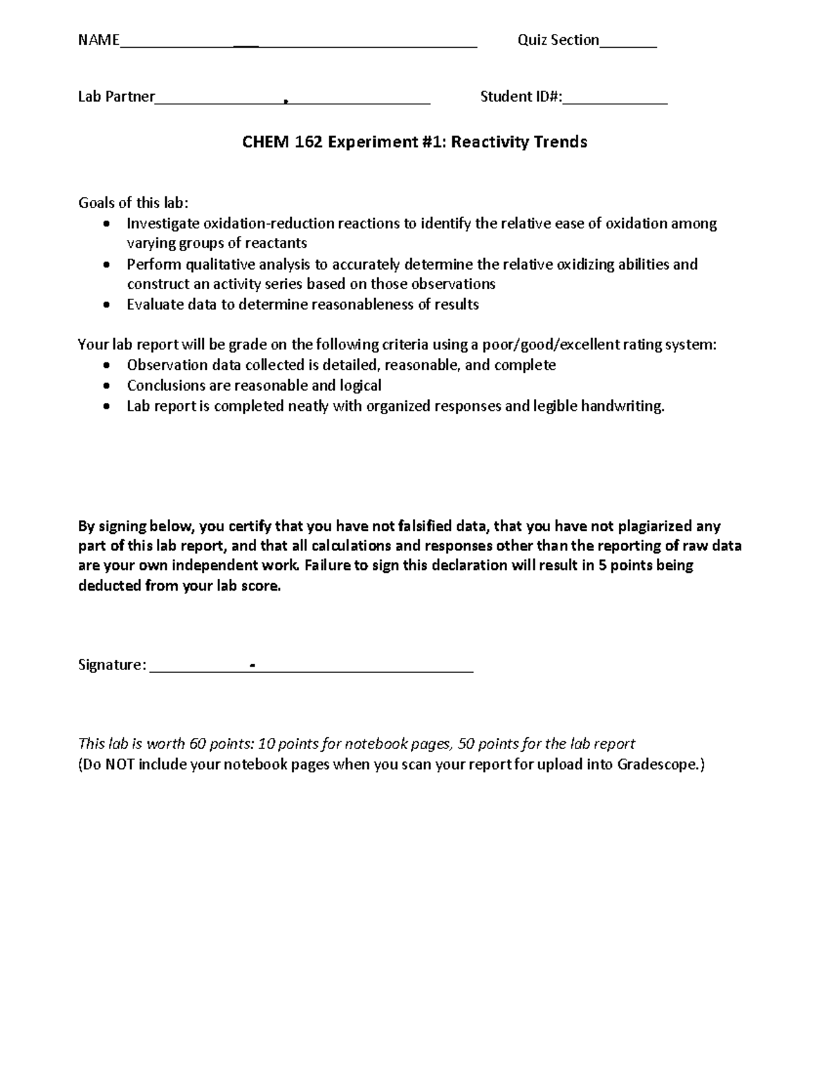 Lab Report 1 - Reactivity Trends - NAME ...
