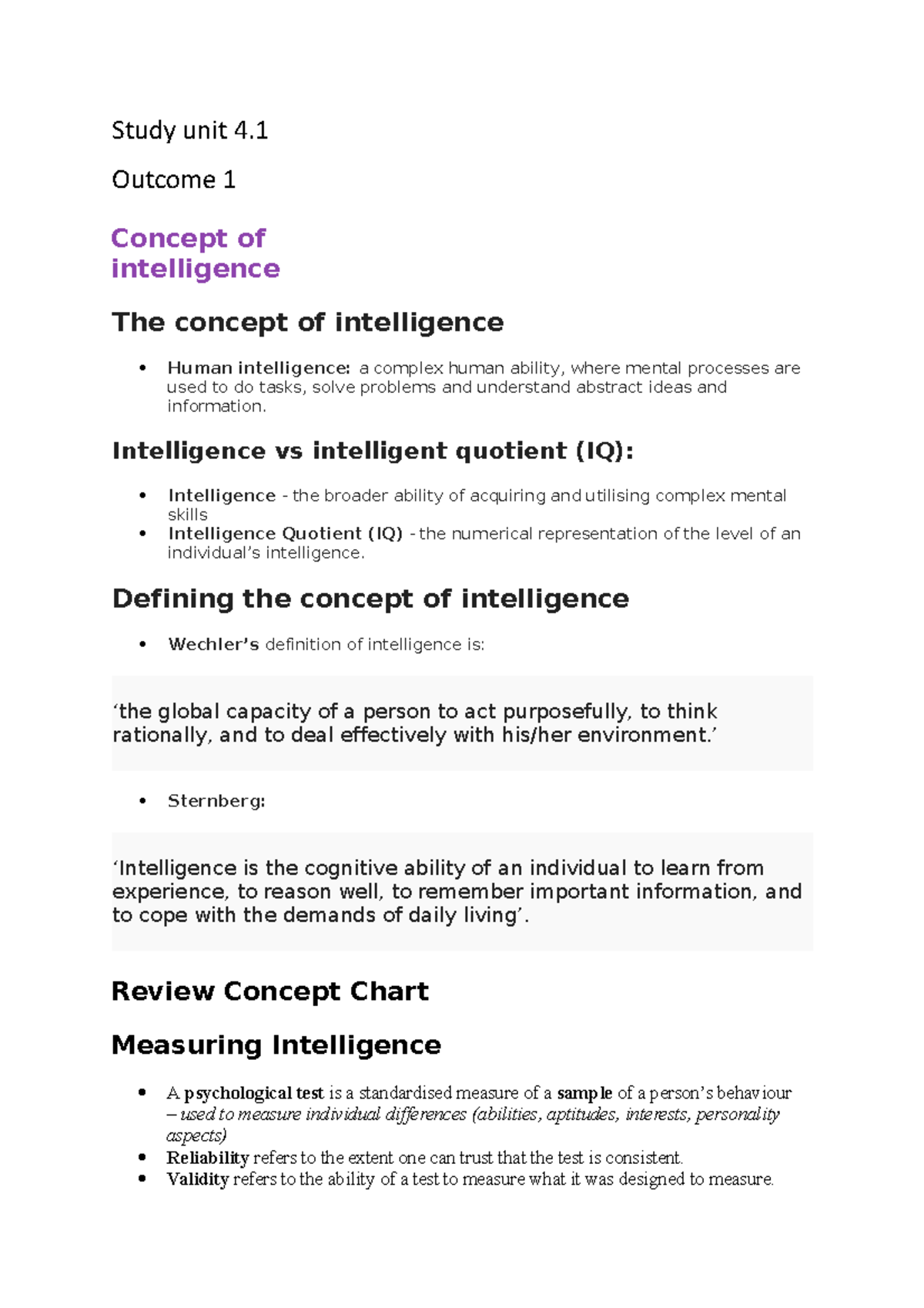 Study unit 4 - Concept of intelligence - Study unit 4. Outcome 1 ...