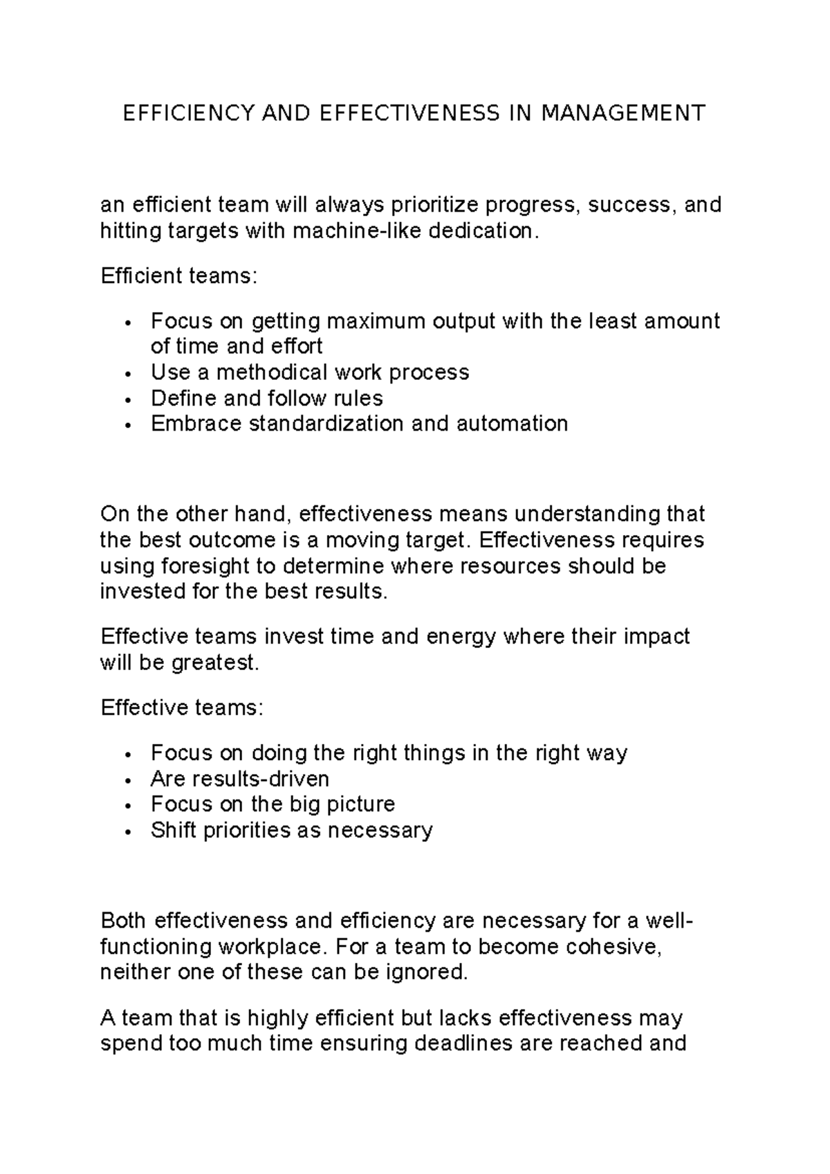 Efficiency and effectiveness in managment - EFFICIENCY AND ...