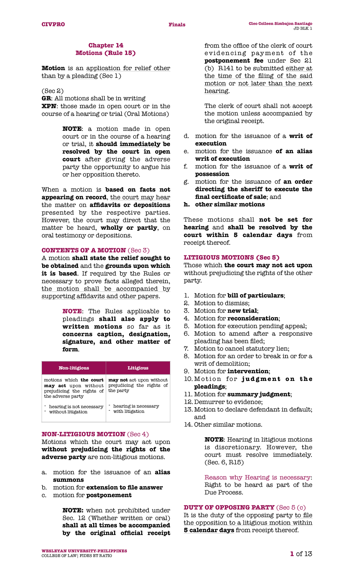 Civpro finals - JD BLK 1 Chapter 14 Motions (Rule 15) Motion is an ...