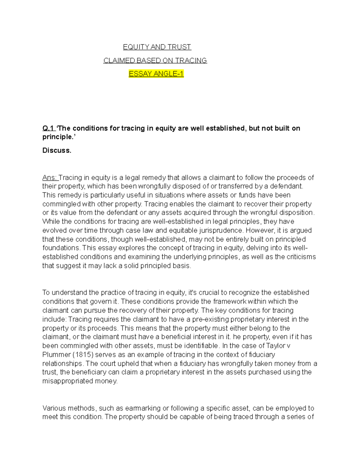 E - Summary Eng - EQUITY AND TRUST CLAIMED BASED ON TRACING ESSAY ANGLE- Q ‘The conditions for ...