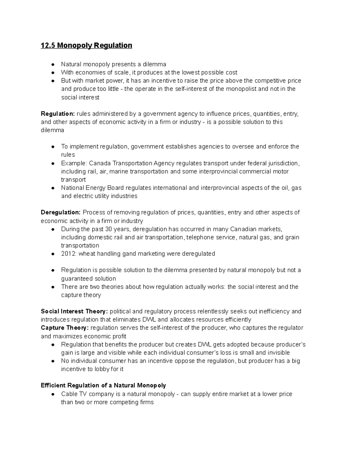 Chapter 12 - lecture notes - 12 Monopoly Regulation Natural monopoly ...