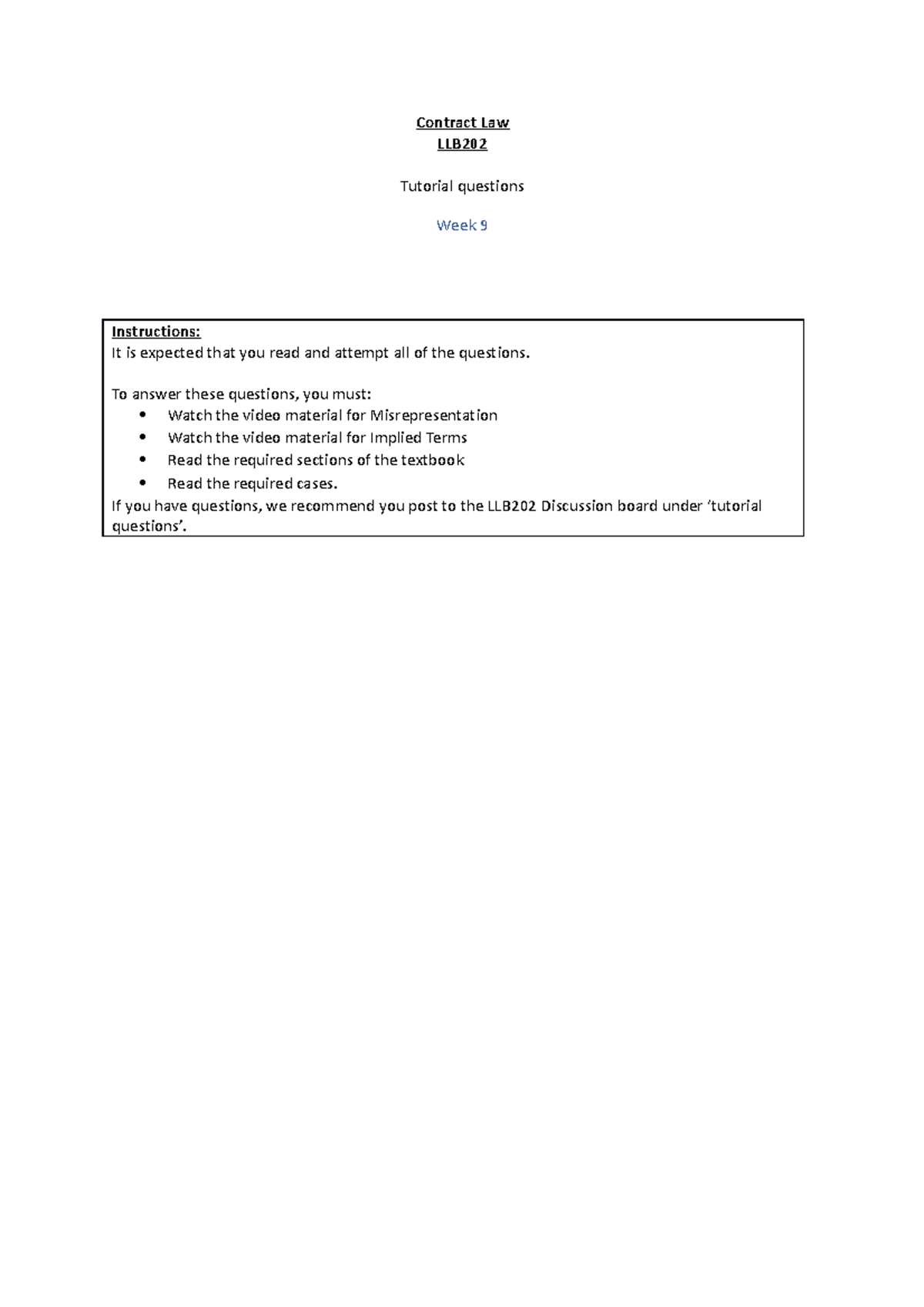 2022 LLB202 Week 9 Tutorial Questions - Contract Law LLB Tutorial ...