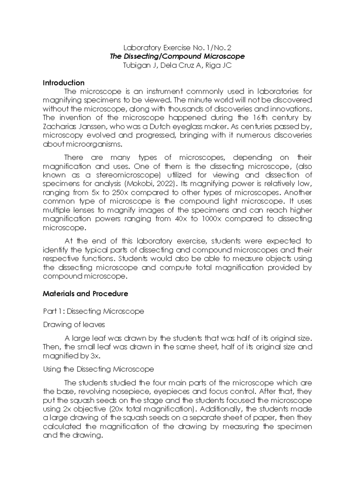 Lab 1 botany - Laboratory report about Compound and dissecting ...