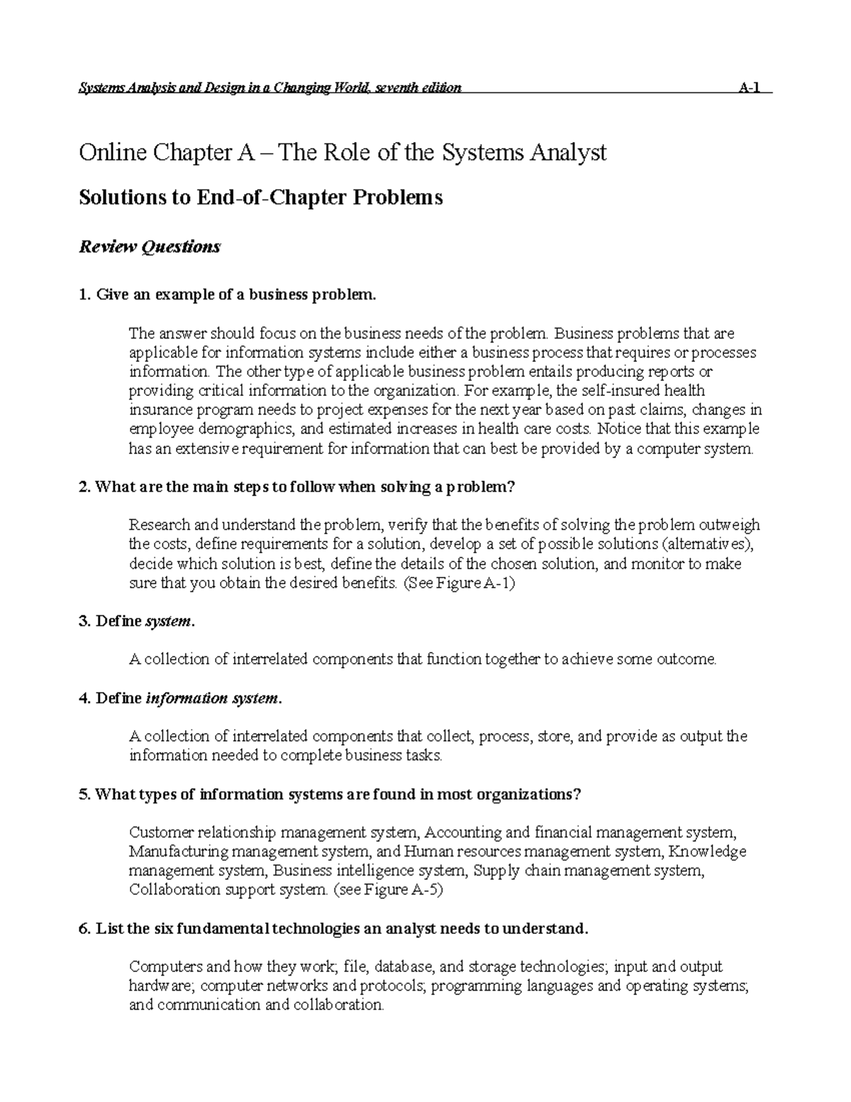 Questions and Answers to Online Chapter A - Systems Analysis and Design ...