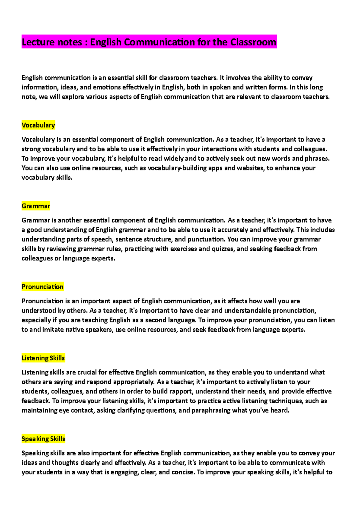 Lecture notes English Communication for the Classroom - Lecture notes ...