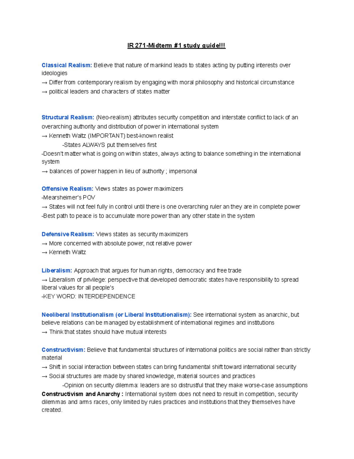 IR midterm 1 study guide - IR 271­Midterm #1 study guide!!! **Classical ...