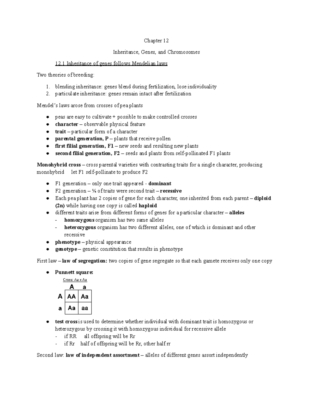 Chapter 12 summary - Chapter 12 Inheritance, Genes, and Chromosomes 12 ...