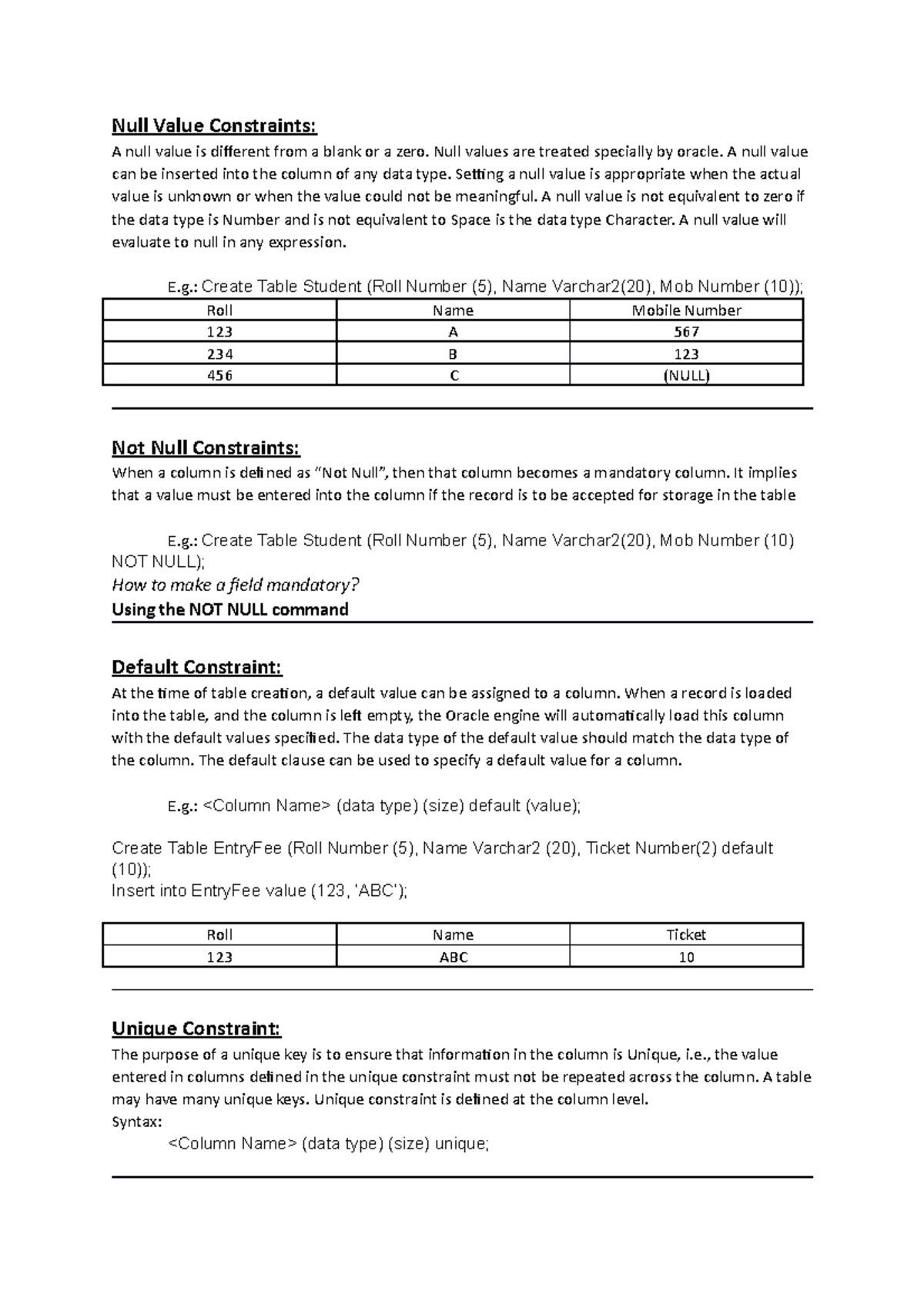 Dbms Null Value Constraints Null Value Constraints A Null Value