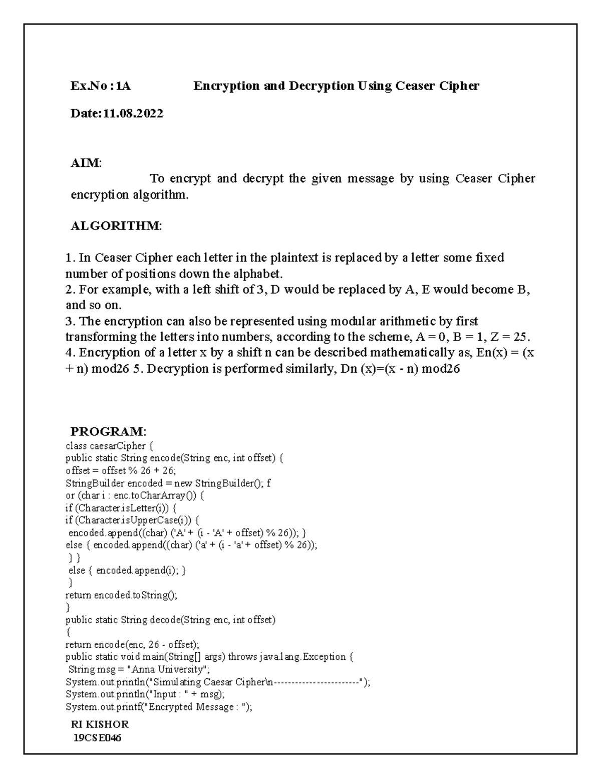 CNS cryptography and network security - Ex :1A Encryption and Decryption Using Ceaser Cipher ...