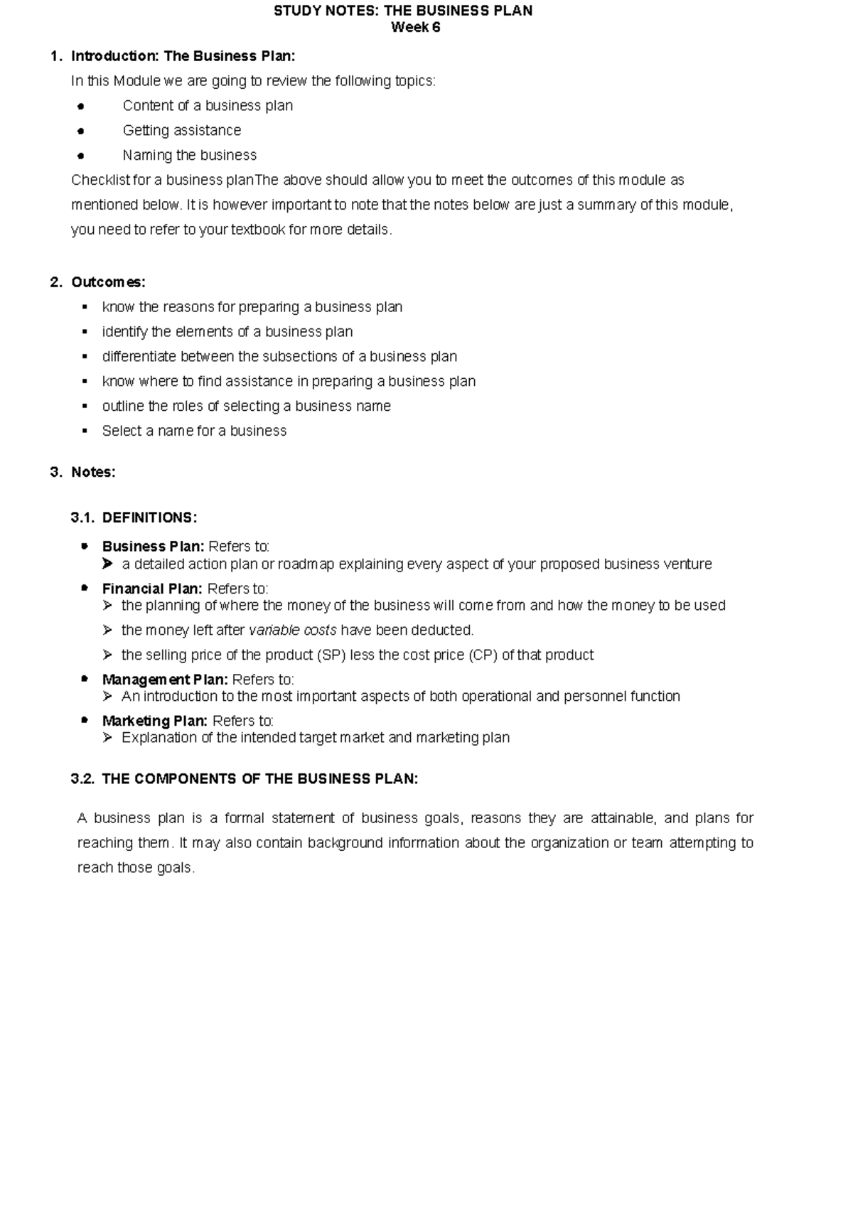 Week 6 Study Notes 1 MEC - STUDY NOTES: THE BUSINESS PLAN Week 6 1 ...