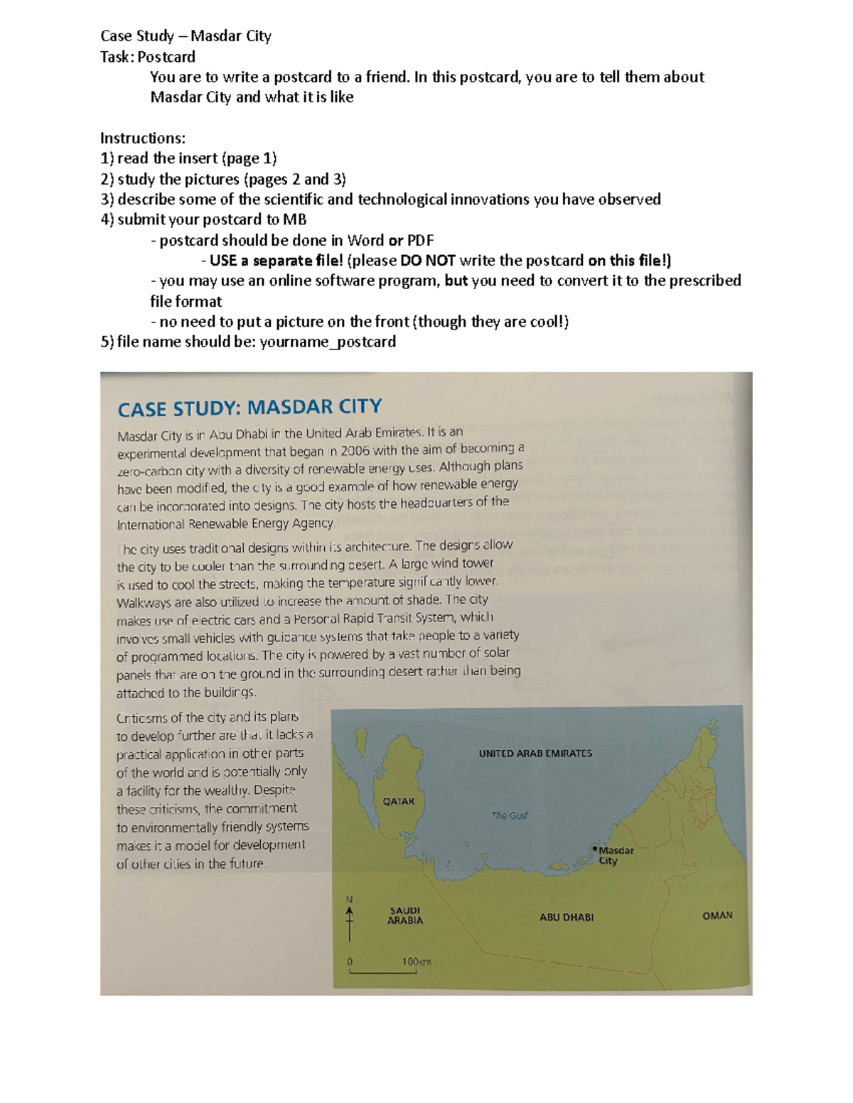 Lesson 6 - Masdar City postcard task - Case Study – Masdar City Task: Postcard You are to write ...