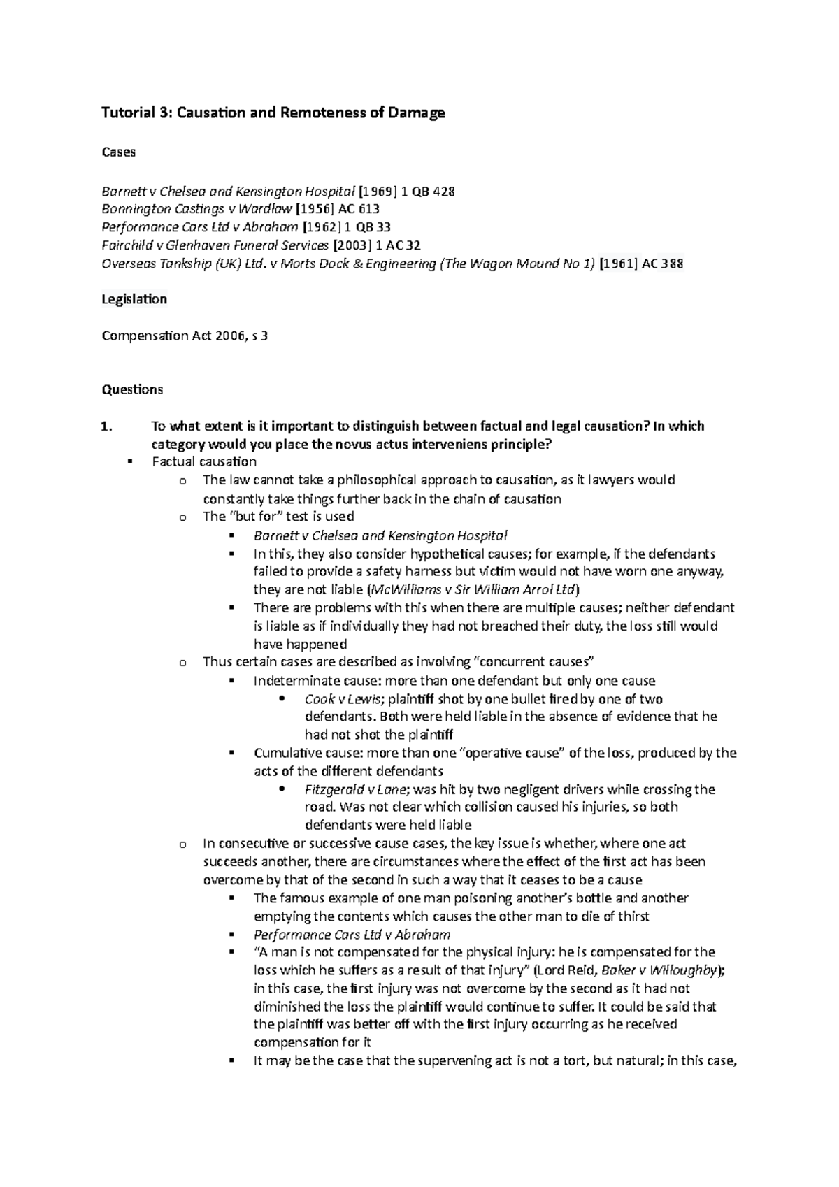 Causation and Remoteness of Damage - Tutorial 3: Causation and Remoteness of Damage Cases ...