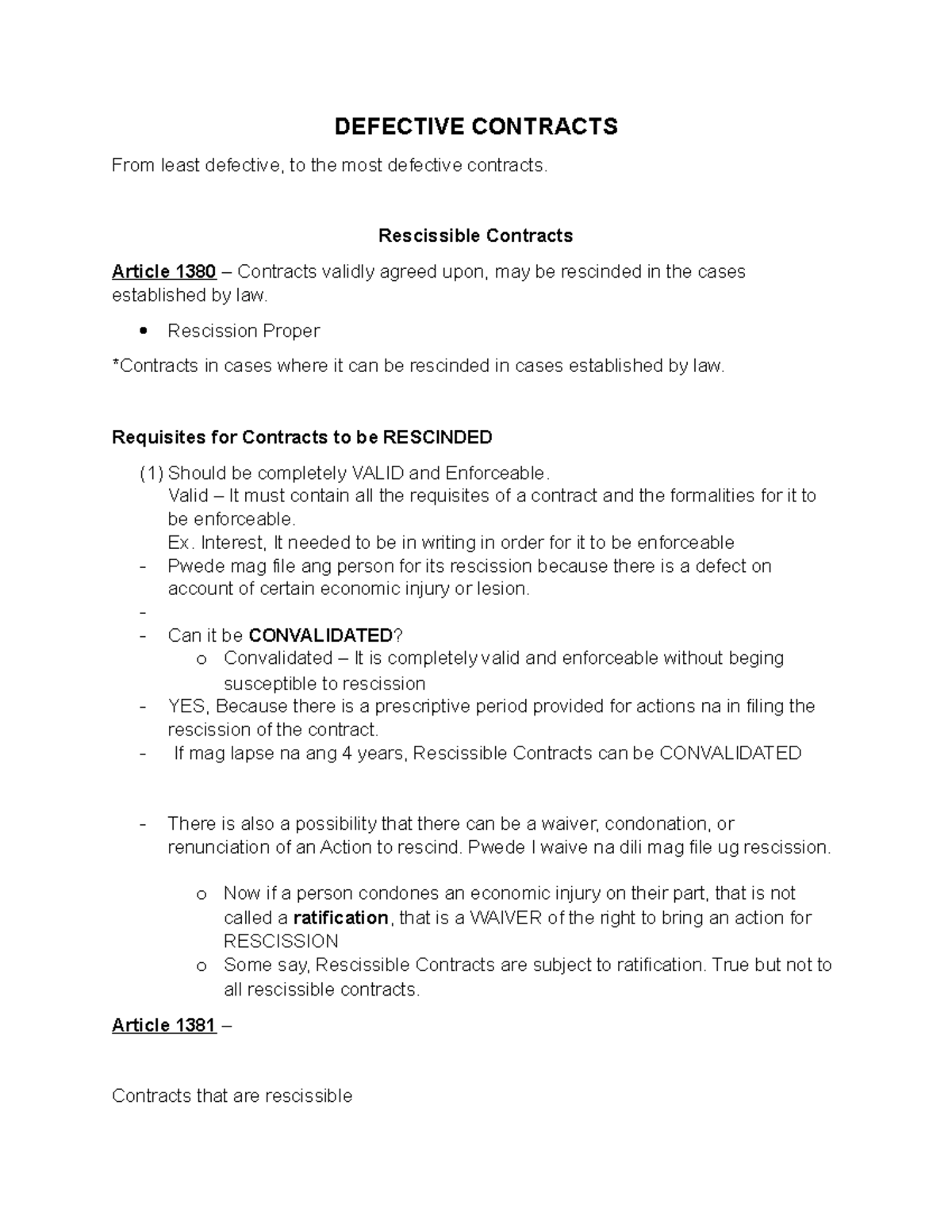 ART. 1380-1385 (3RD VID) - DEFECTIVE CONTRACTS From least defective, to ...