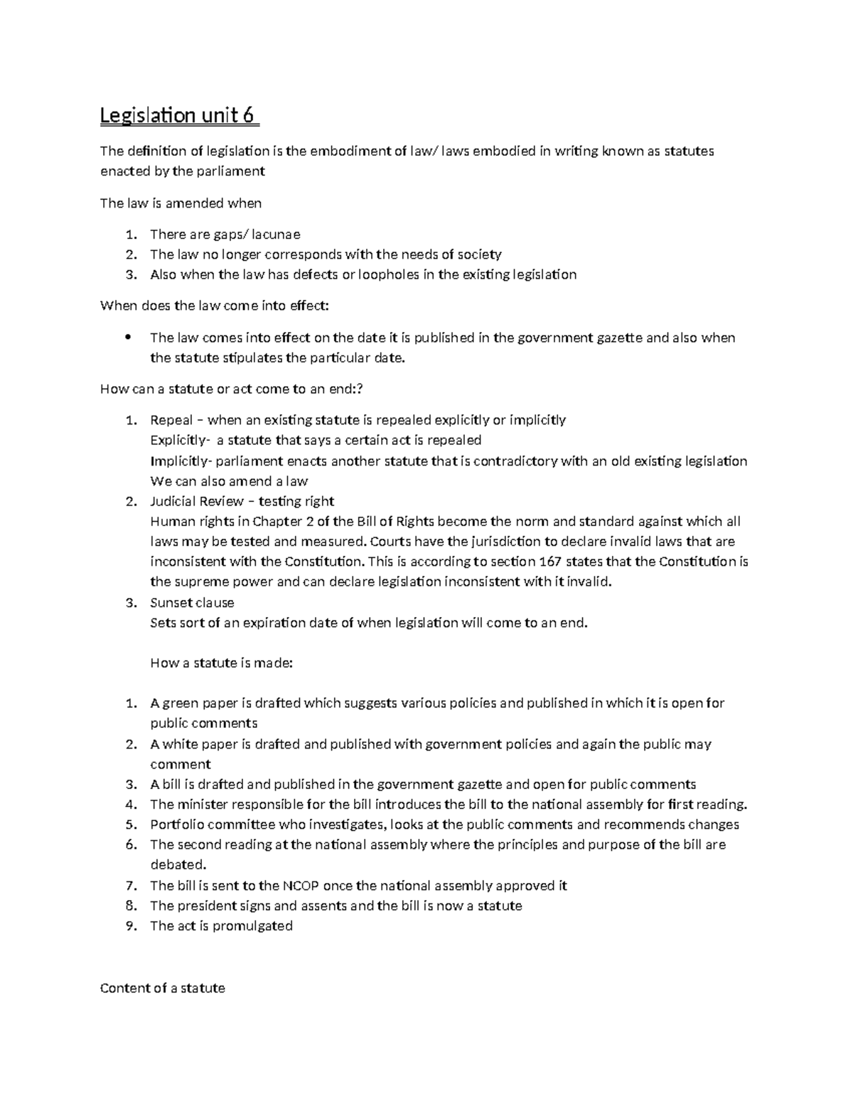 Legislation unit 6 - questions for unit 6 - Legislation unit 6 The ...