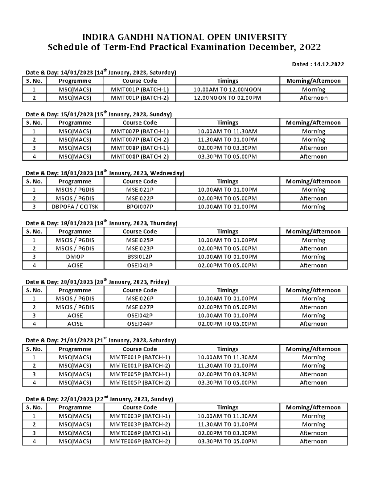 Practical DATE Sheet FOR December 2022 TEE (14 12 2022) - INDIRA GANDHI ...