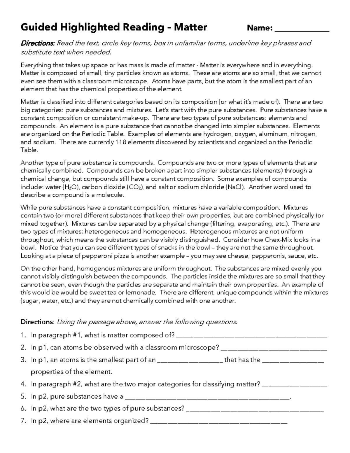 Classifying Matter Reading Passage Guided Questionsand Graphic ...