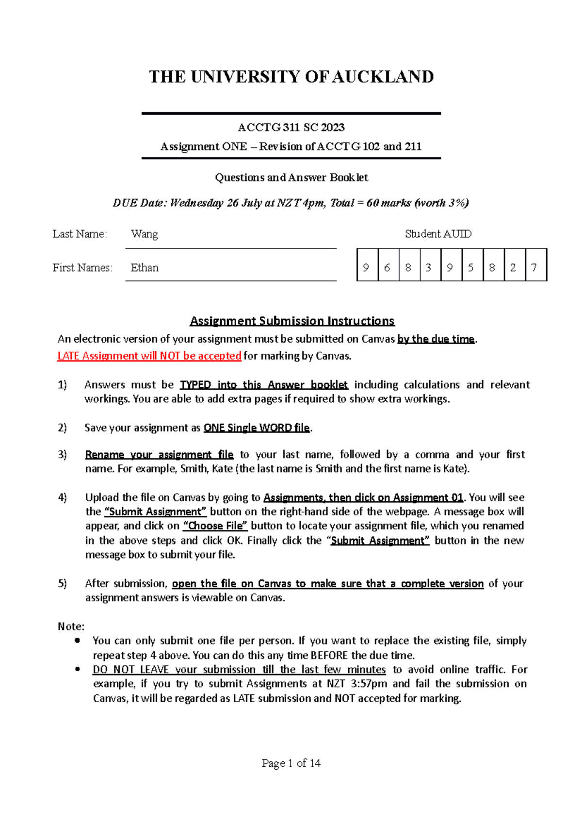 Wang, Ethan - Assignment 1 - THE UNIVERSITY OF AUCKLAND ACCTG 311 SC ...