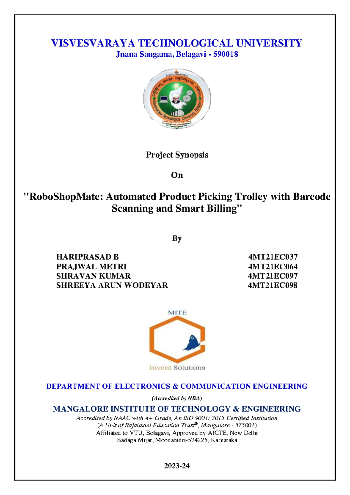Synopsis 3 - VISVESVARAYA TECHNOLOGICAL UNIVERSITY Jnana Sangama ...