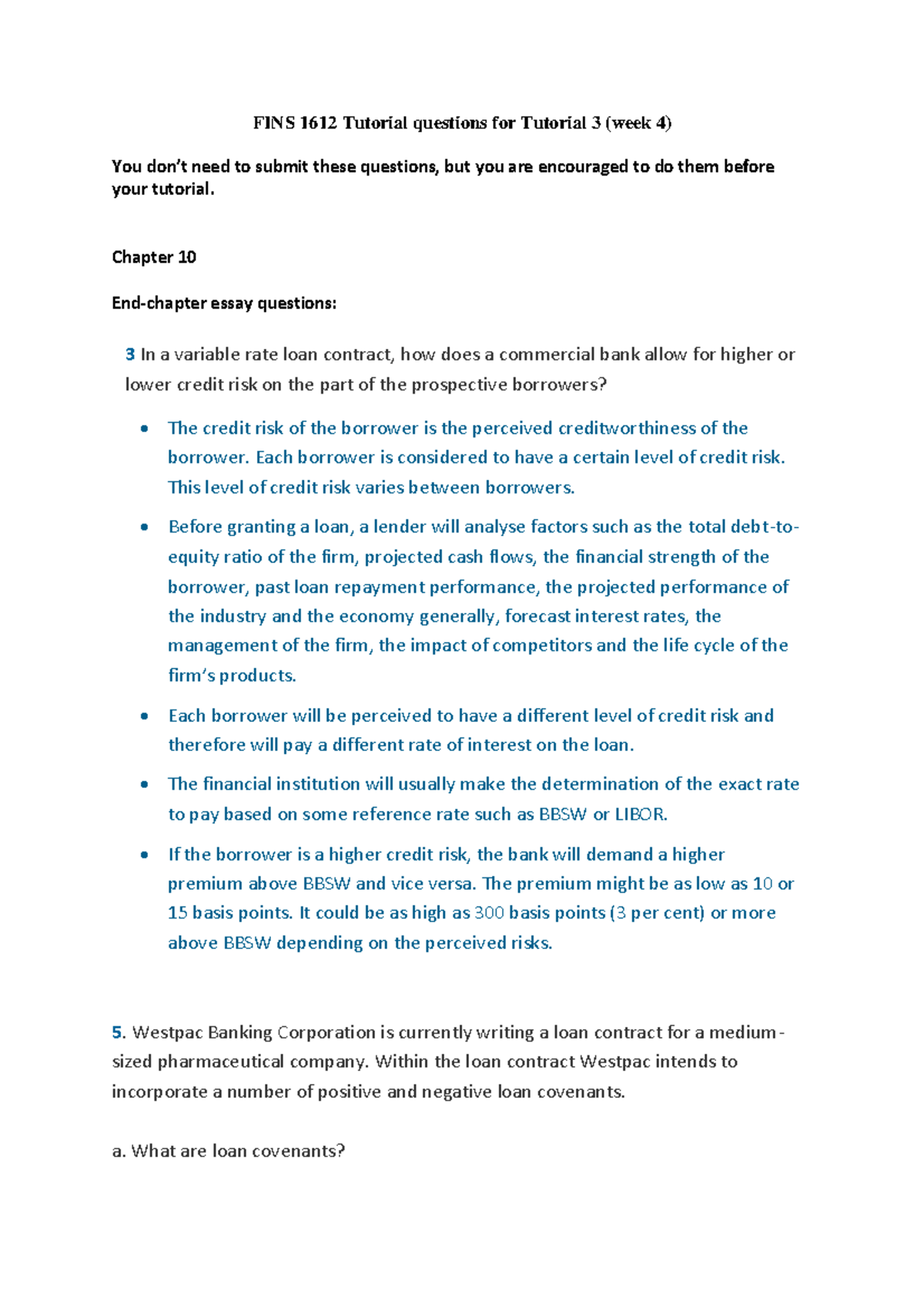 Week 4 Homework Solution - FINS 1612 Tutorial questions for Tutorial 3 (week 4) You don’t need ...