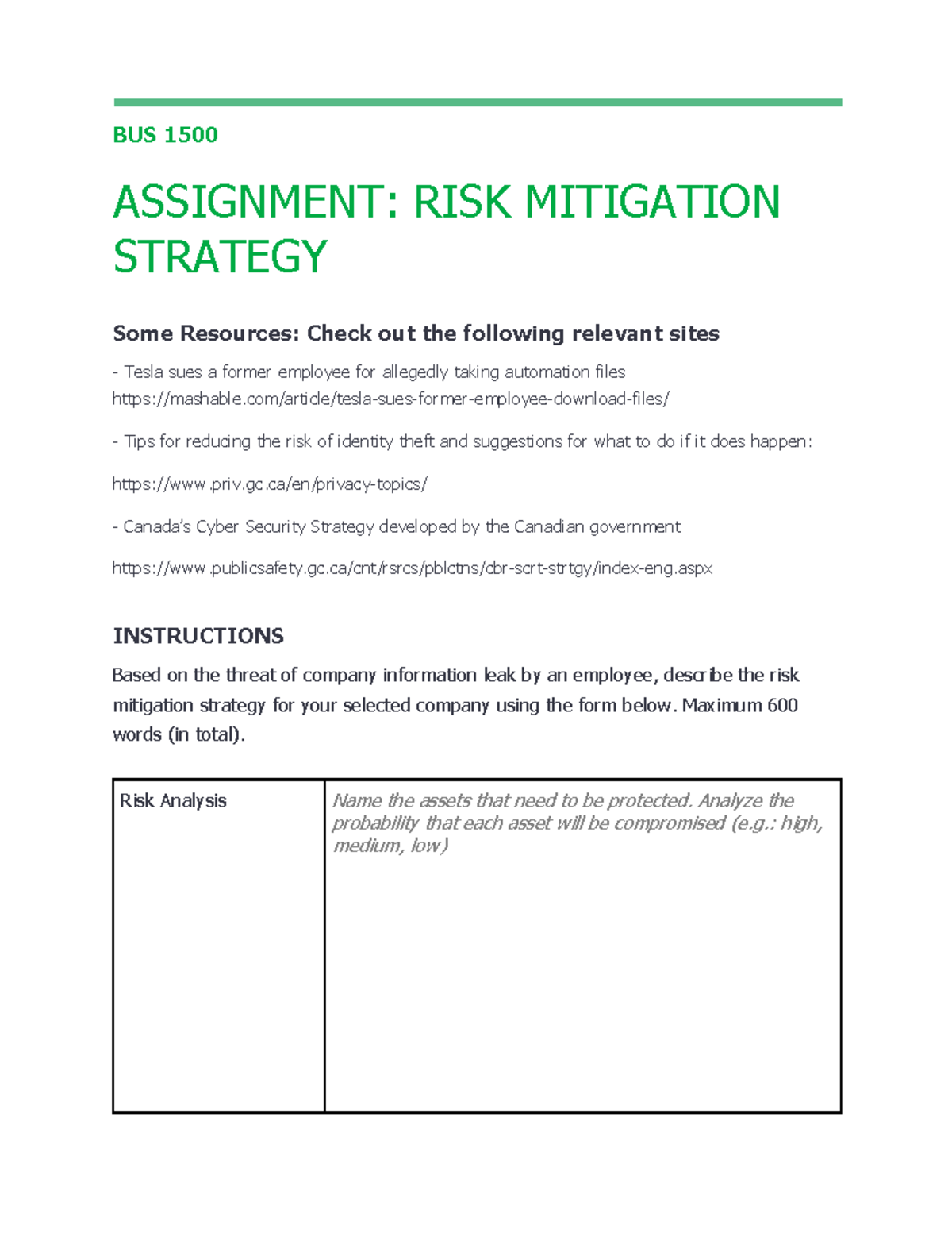 Assignment RISK Mitigation Strategy - BUS 1500 ASSIGNMENT: RISK ...