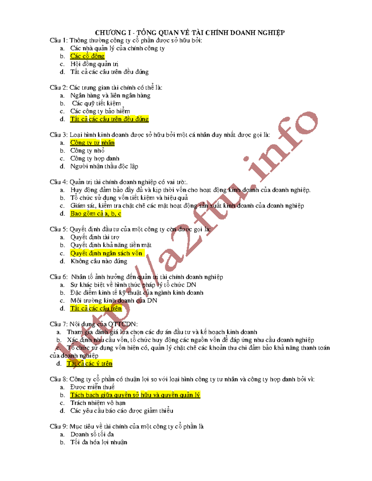 422 cau trac nghiem TCDN - CH NG I - T NG QUAN V TÀI CHÍNH DOANH NGHI P Câu 1: Thông th ng công ...