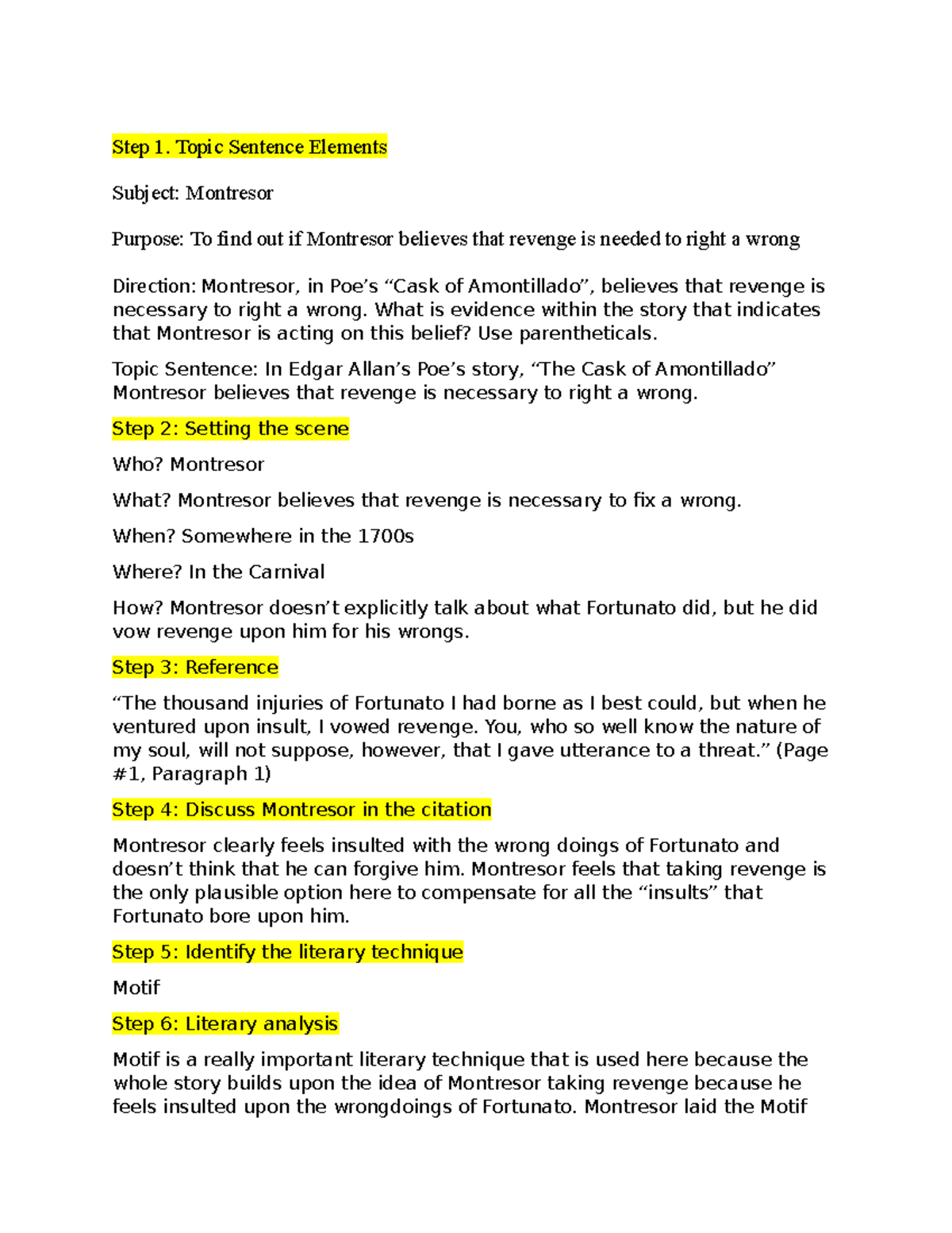 Journal Outline for The Cask of Amontillado - Step 1. Topic Sentence ...