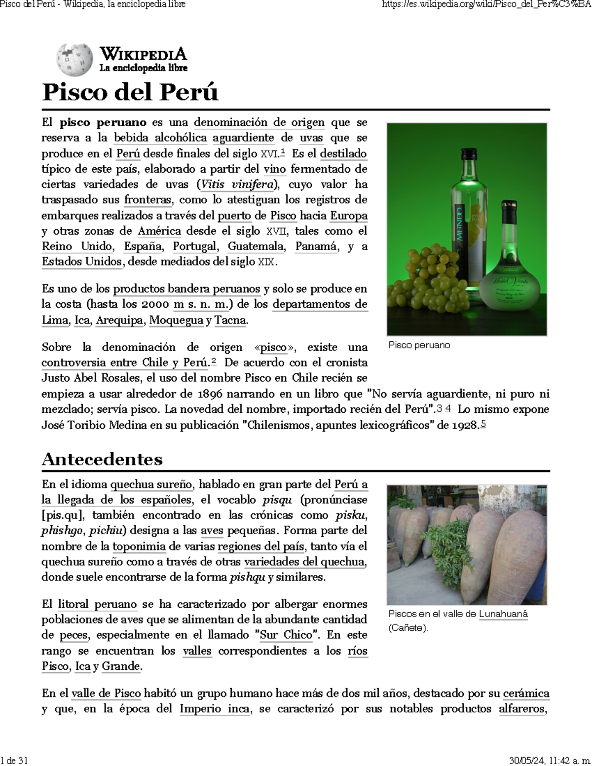 Pisco del Perú - Wikipedia, la enciclopedia libre - Pisco peruano ...