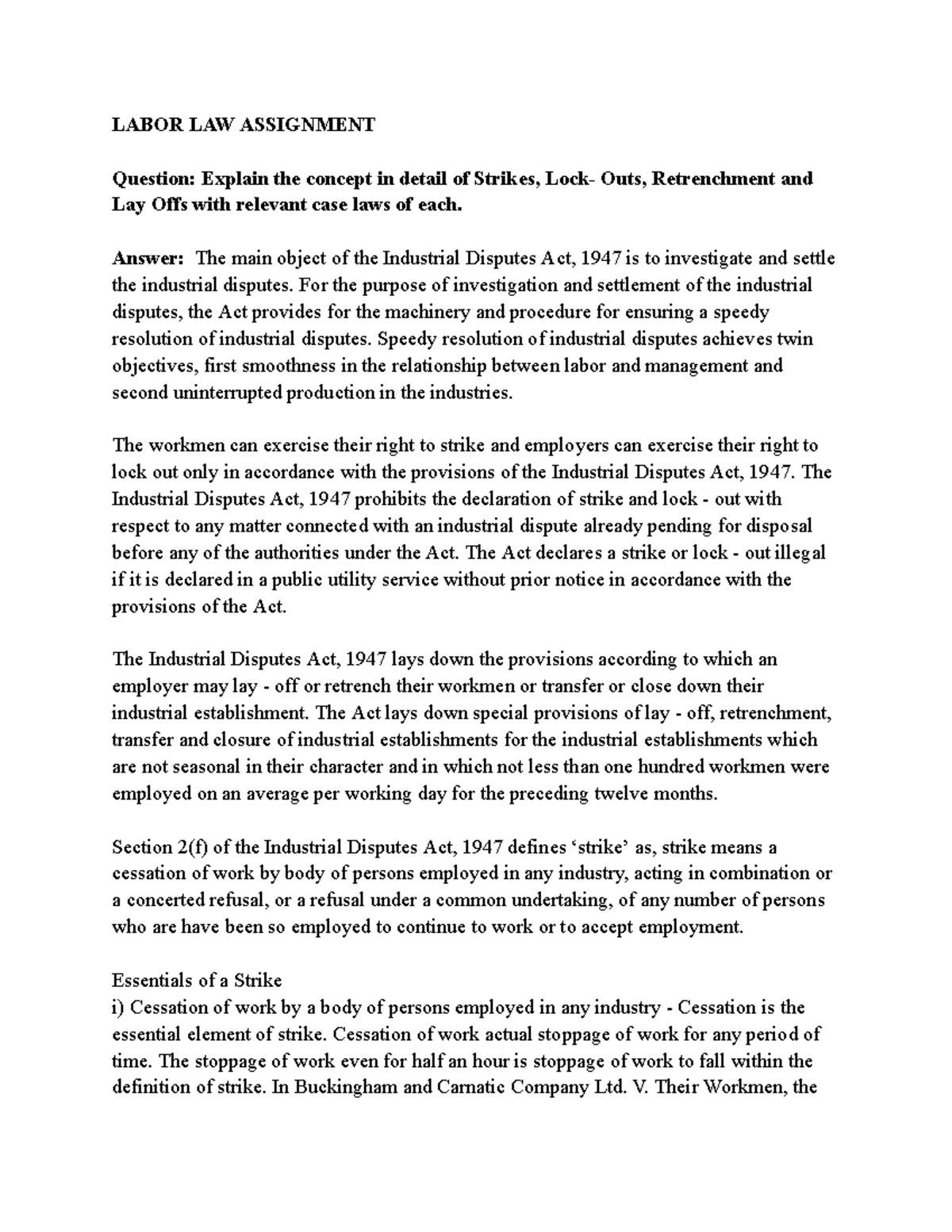 Labor LAW Assignment - Lay Off, Strike, Retrenchment, LockOut - LABOR ...