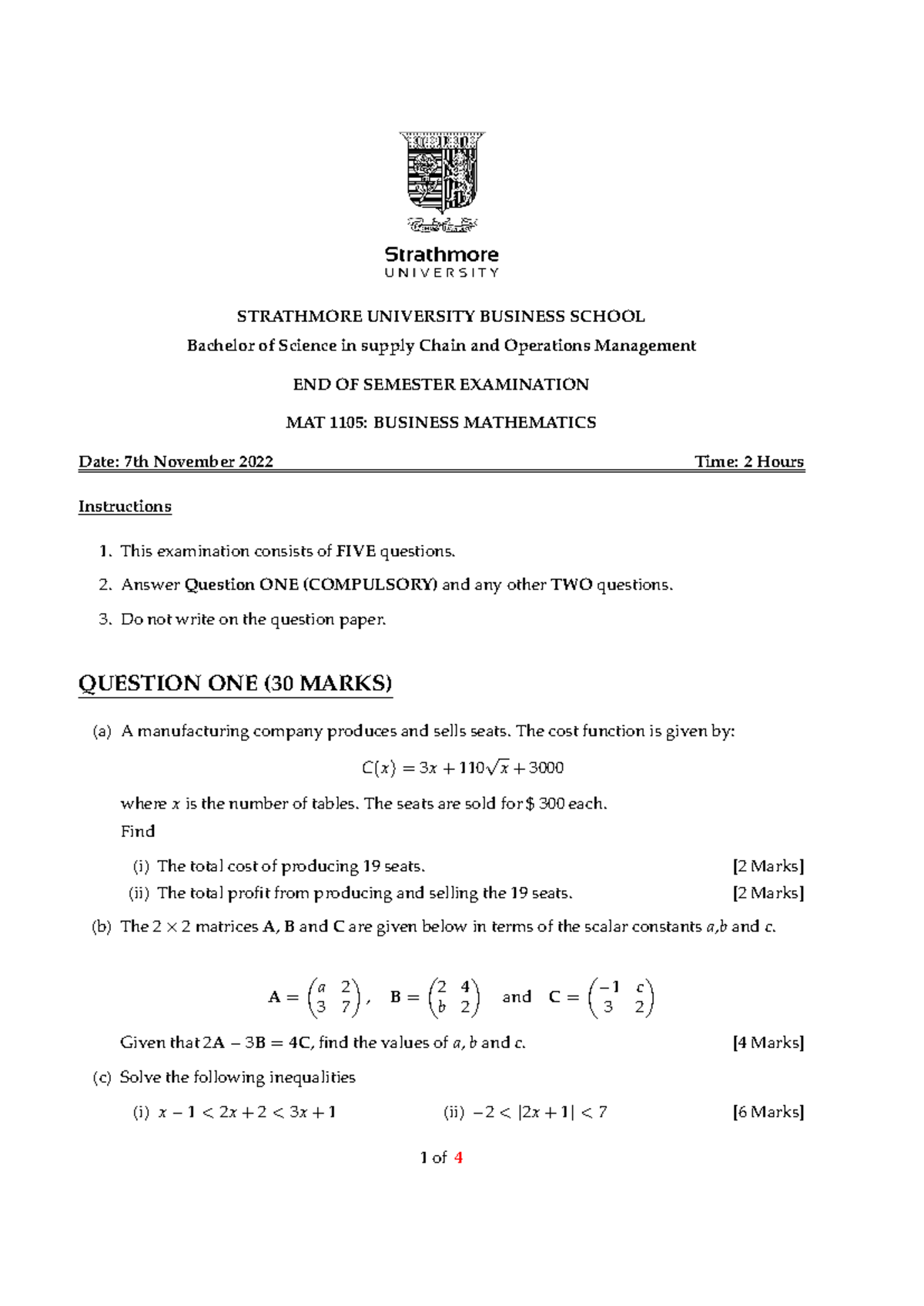 MAT 1105 - Business mathematics - STRATHMORE UNIVERSITY BUSINESS SCHOOL ...