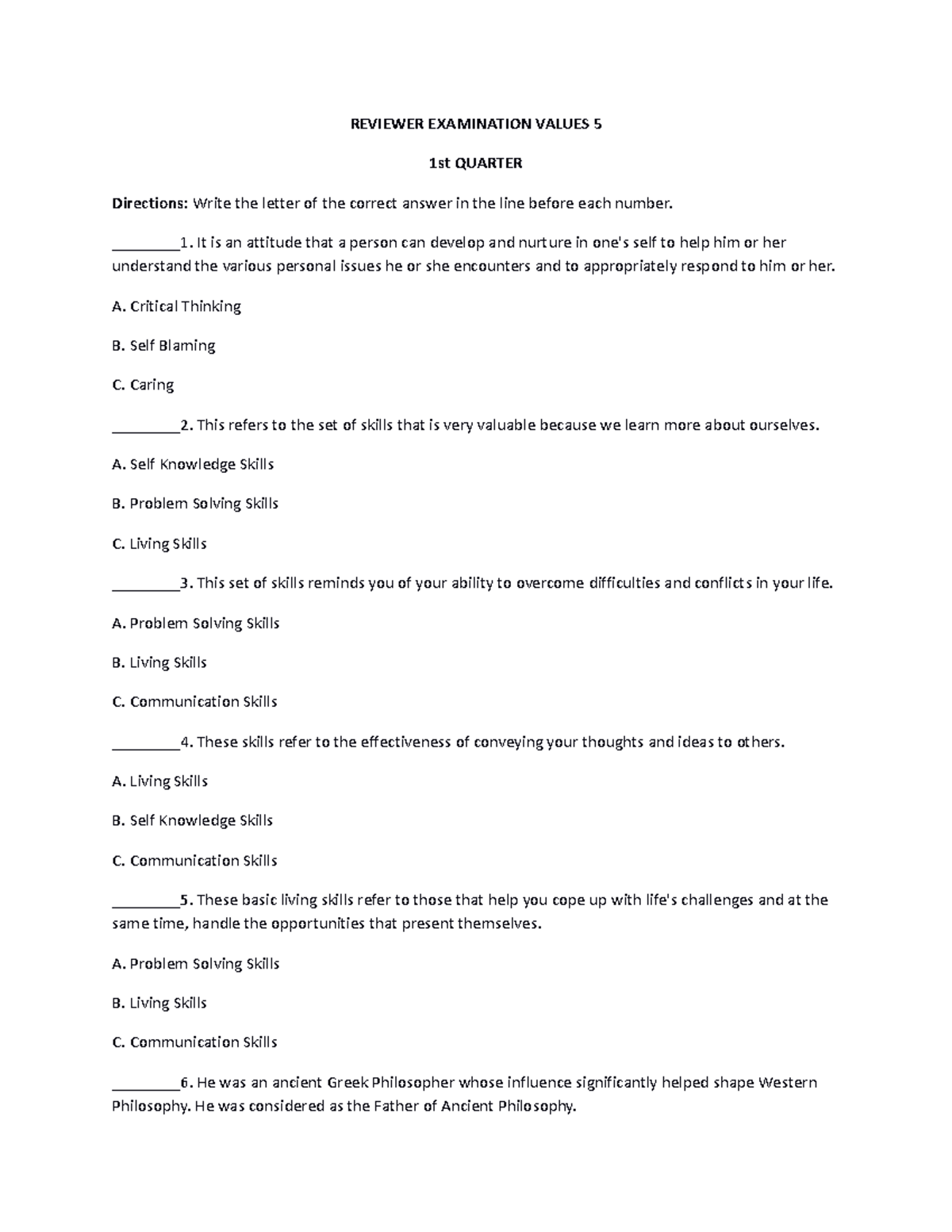 Values 5 - Reviewers - REVIEWER EXAMINATION VALUES 5 1st QUARTER ...