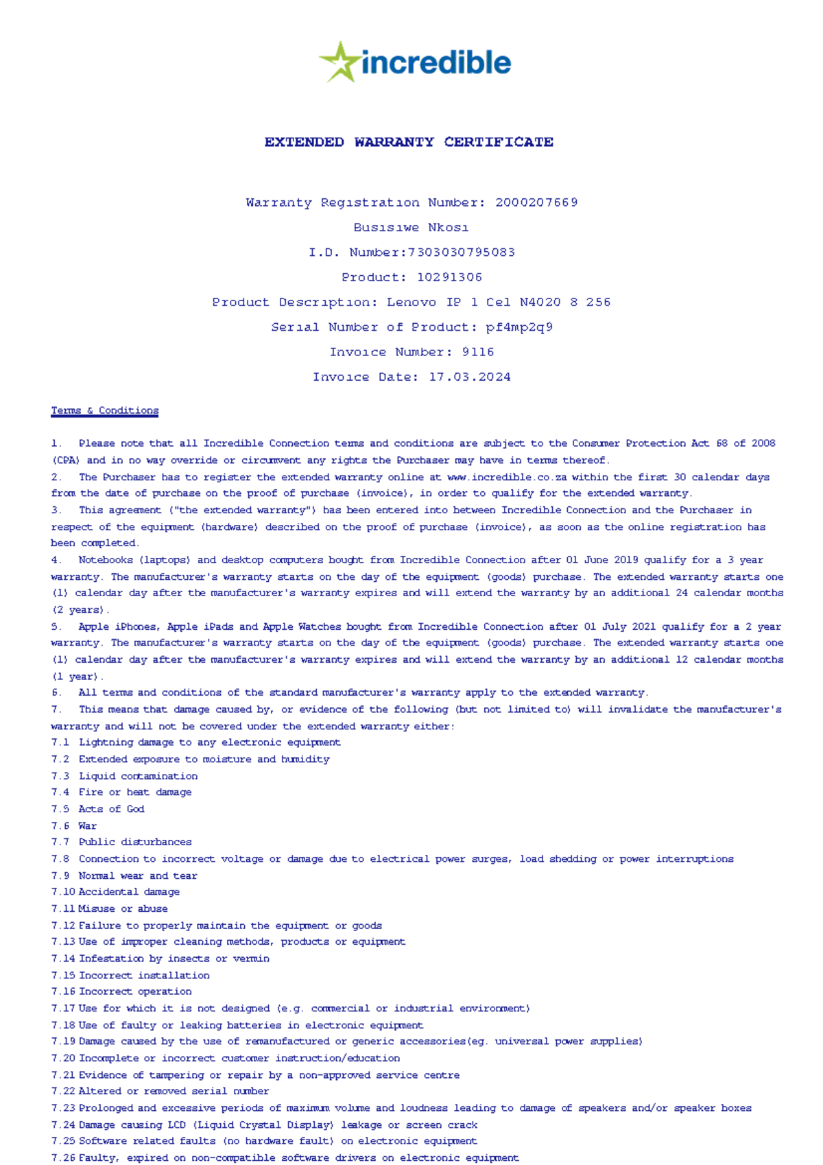 Laptop Warranty Incredible connection - EXTENDED WARRANTY CERTIFICATE ...