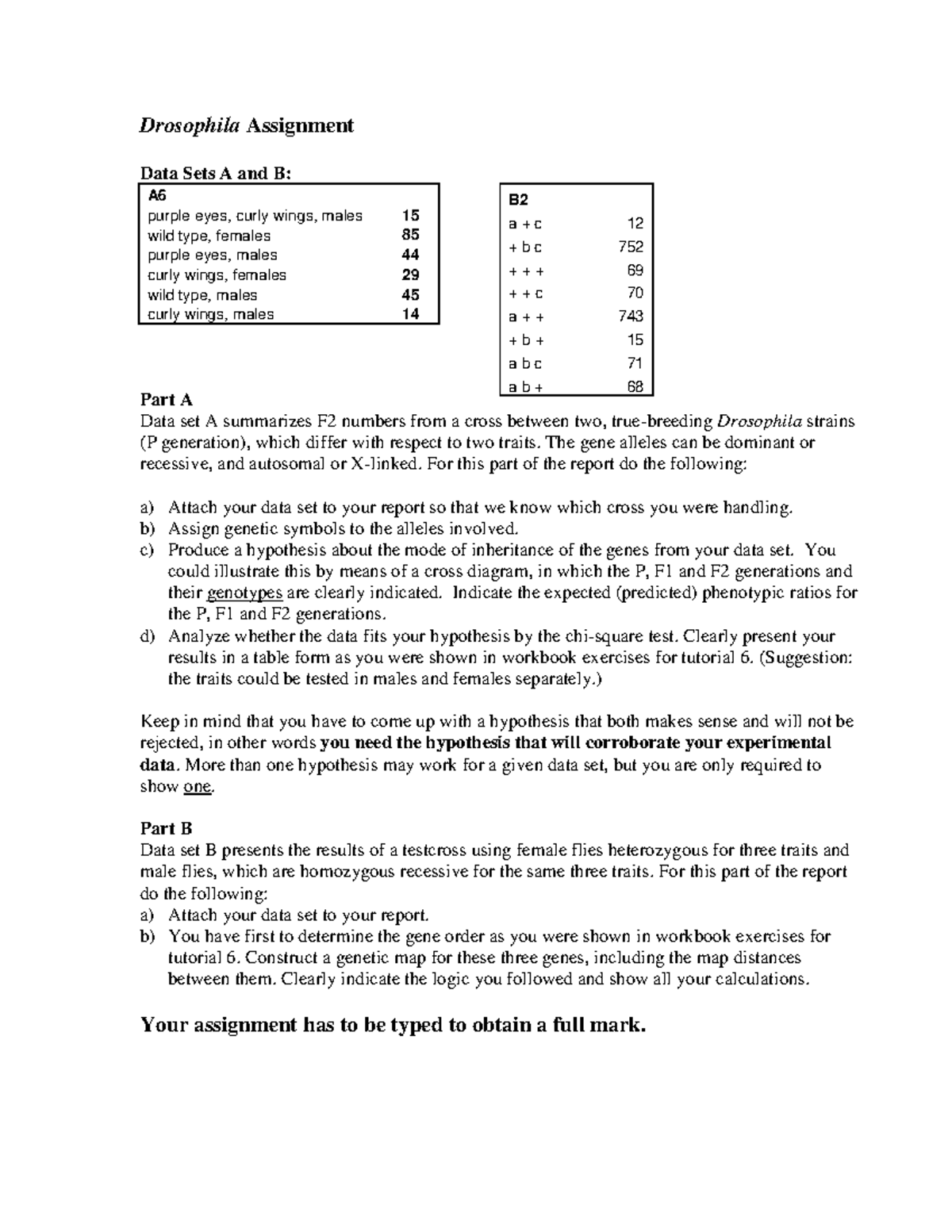 Drosophila data set - Drosophila Assignment Data Sets A and B: A purple ...