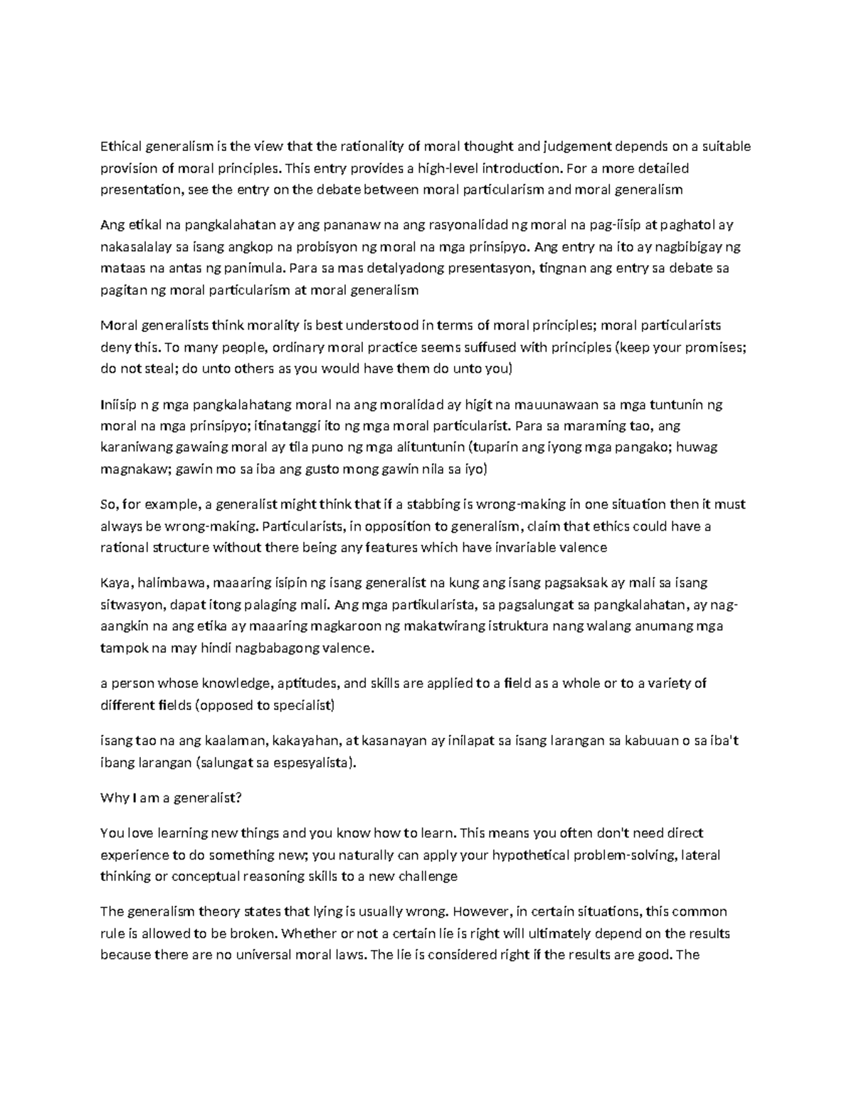 Generalism - this can be used for mandatory assignment - Ethical ...